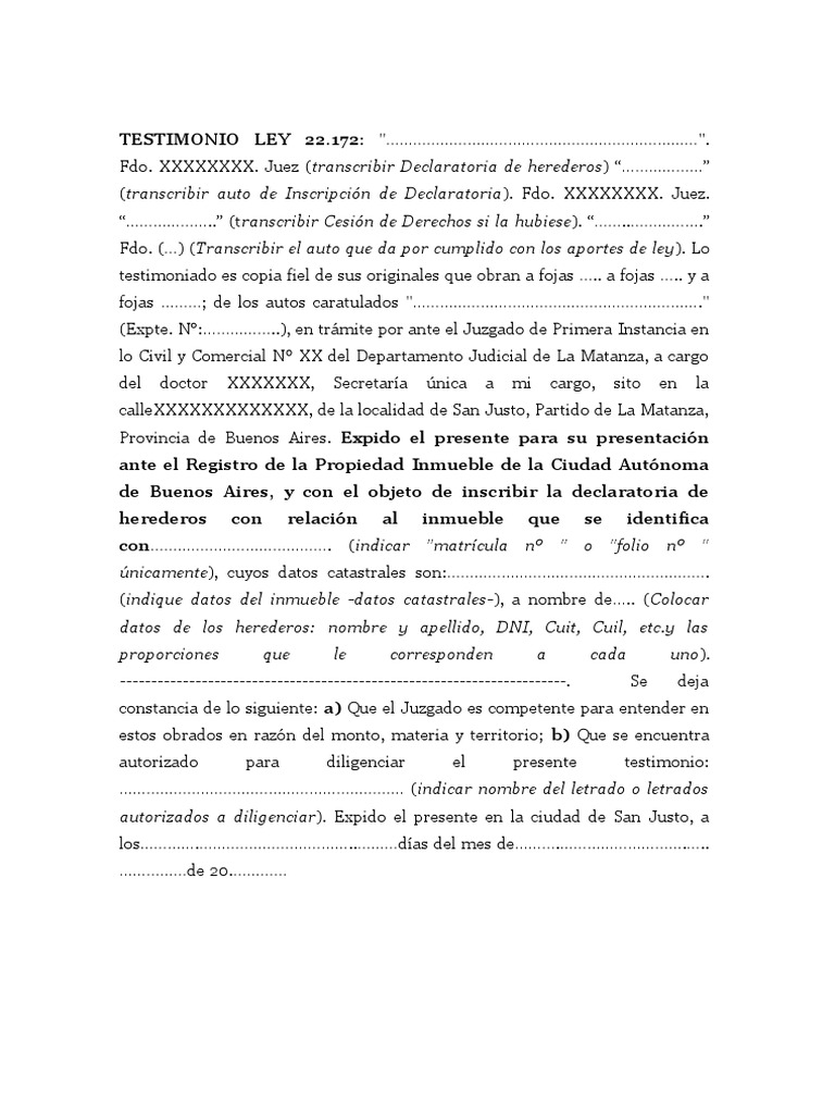 Testimonio de Inscripcion de Declaratoria de Herederos Al Registro de ... Testimonio de Inscripcion de Declaratoria de Herederos Al Registro de ...