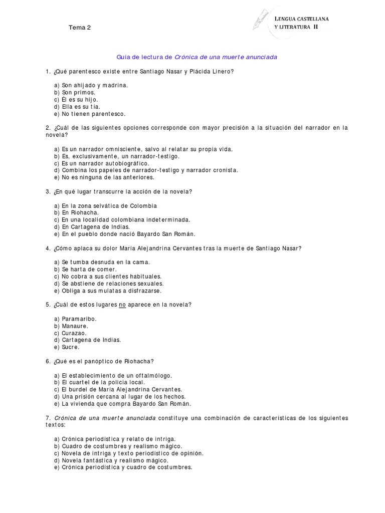 Guia de Lectura de Cronica de Una Muerte Anunciada | PDF | Novelas ...