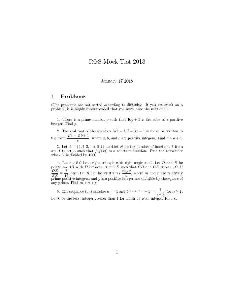 RGS Mock Test 2018: 1 Problems | PDF
