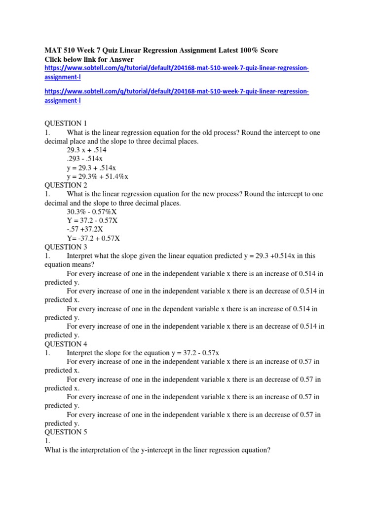 MAT 510 Week 7 Quiz Linear Regression Assignment Latest 100% Score ...