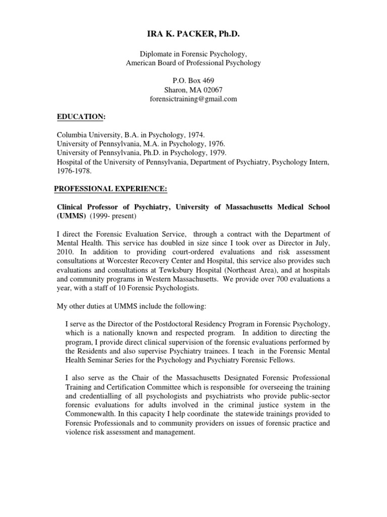 Dr. Ira Packer Forensic Reports Resume | PDF | Forensic Psychiatry ...