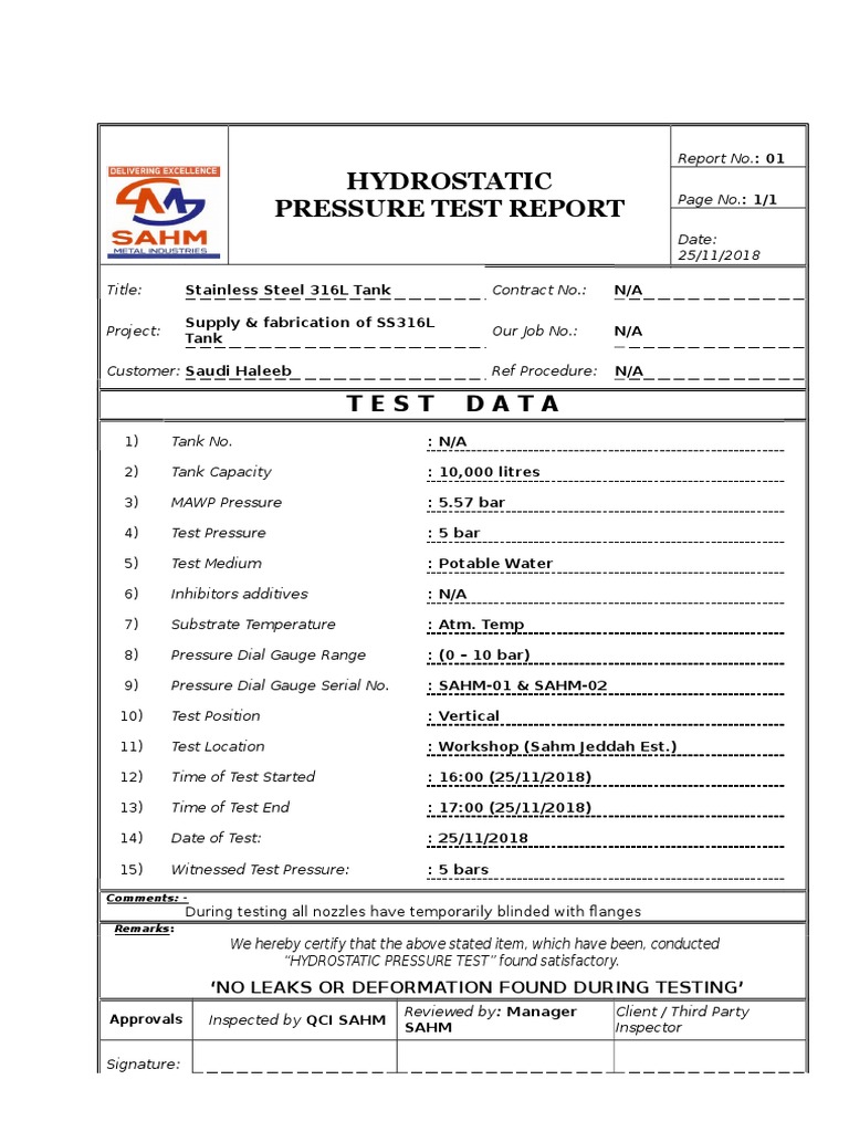 Hydrostatic Pressure Test Report | PDF