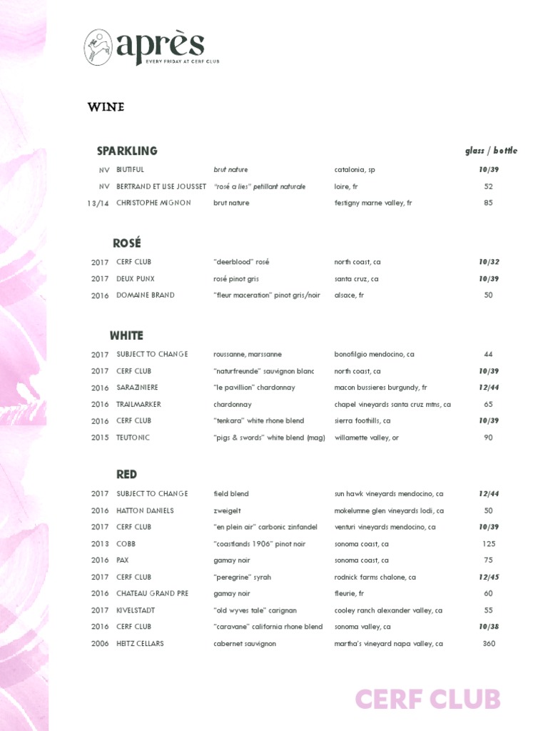 Apres Menu For February 15 | PDF | Rose | Wine