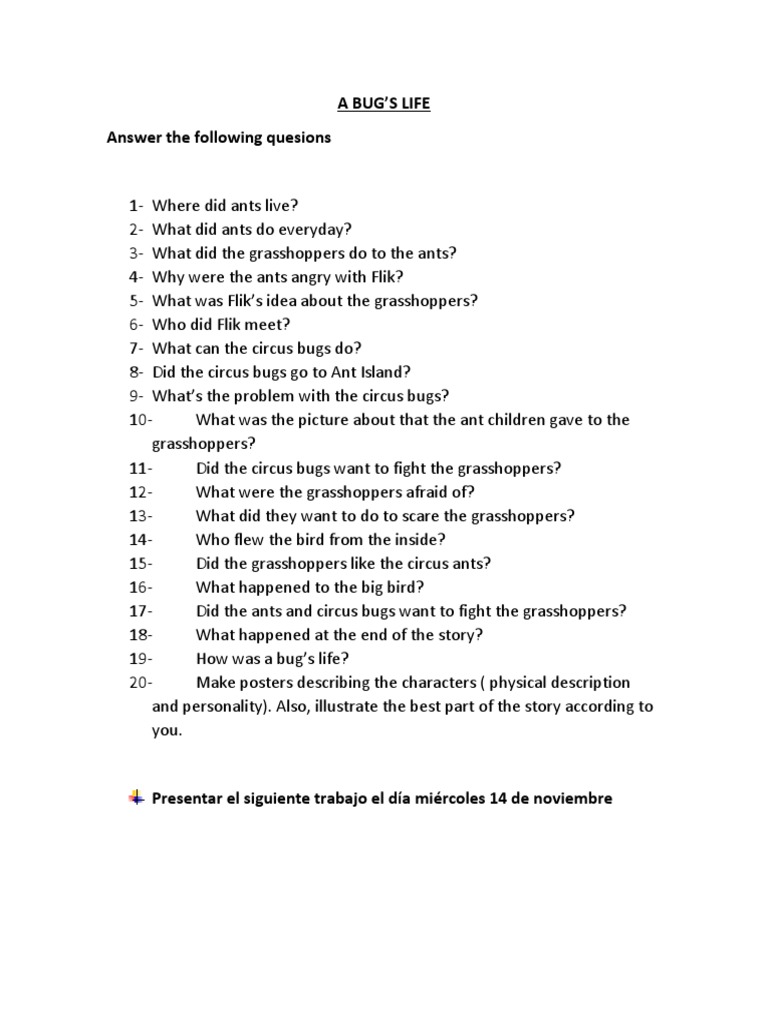 A Bug'S Life Answer The Following Quesions | PDF