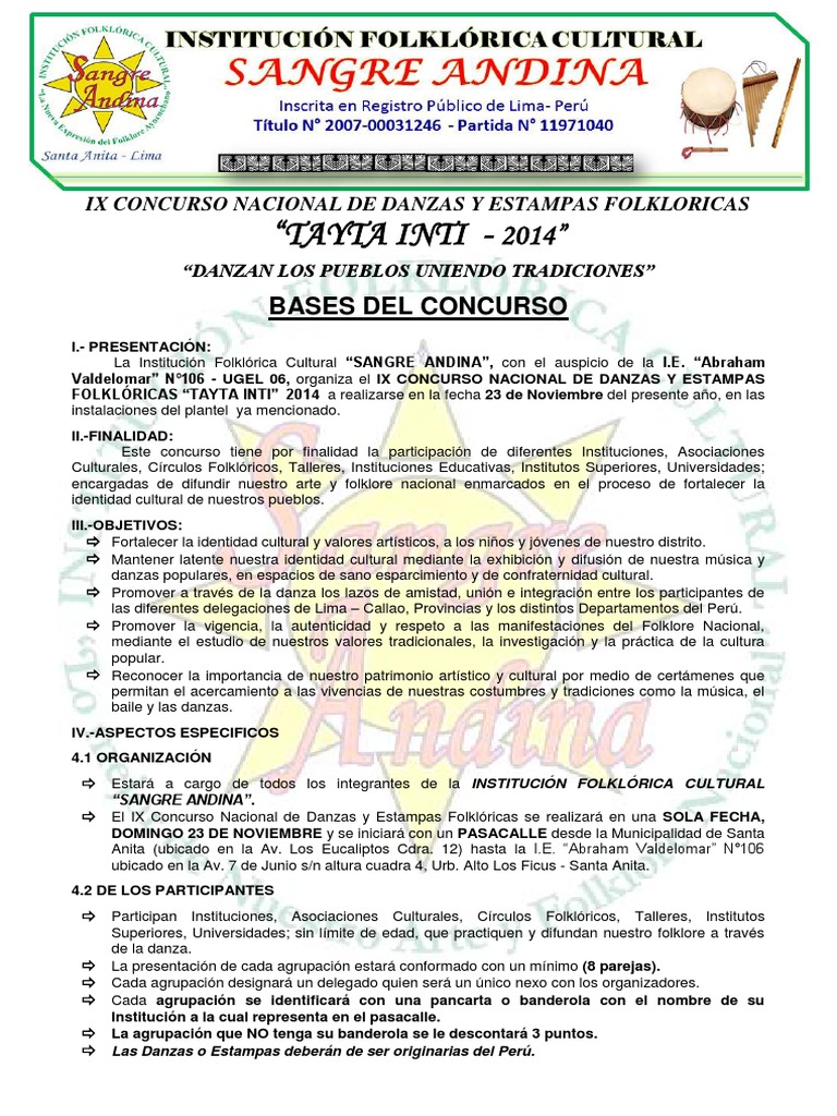 Bases Tayta Inti Sangre Andina - 2014 | PDF | Folklore