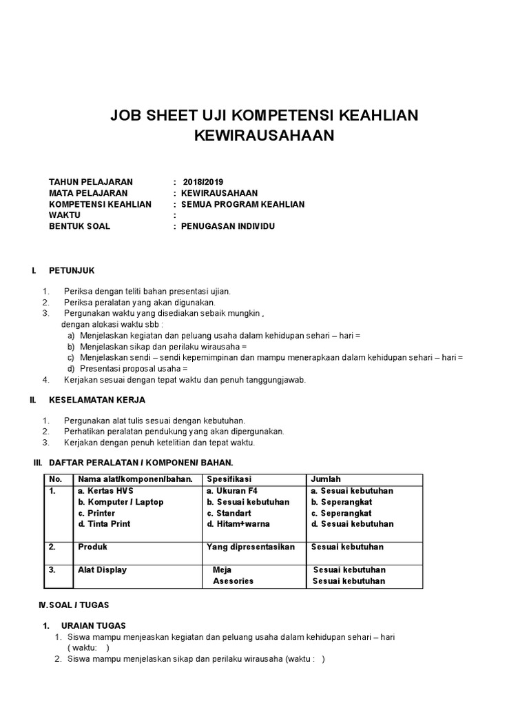 Job Sheet Uji Kompetensi Keahlian Kewirausahaan | PDF