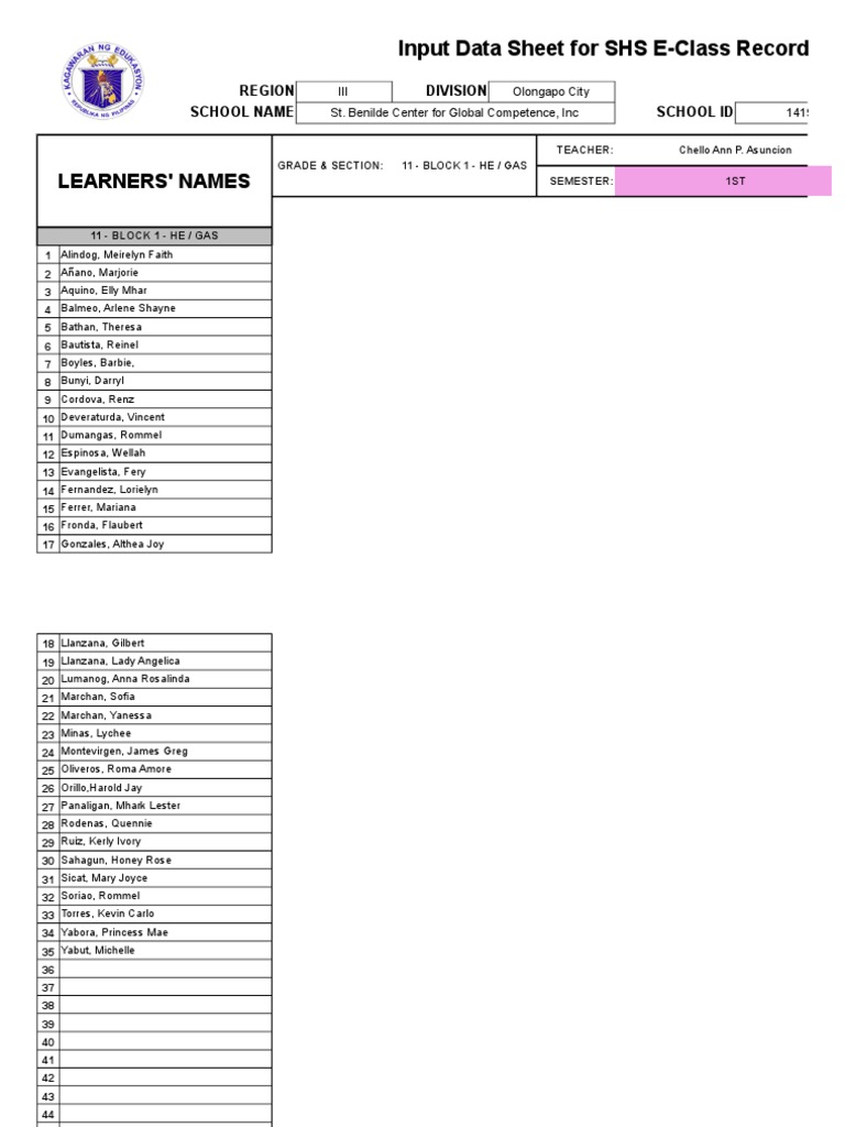 Learners' Names: Input Data Sheet For SHS E-Class Record | PDF