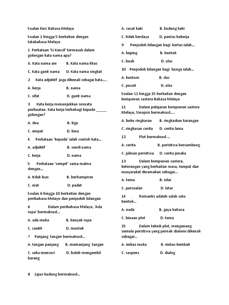 Soalan Kuiz Bahasa Melayu | PDF