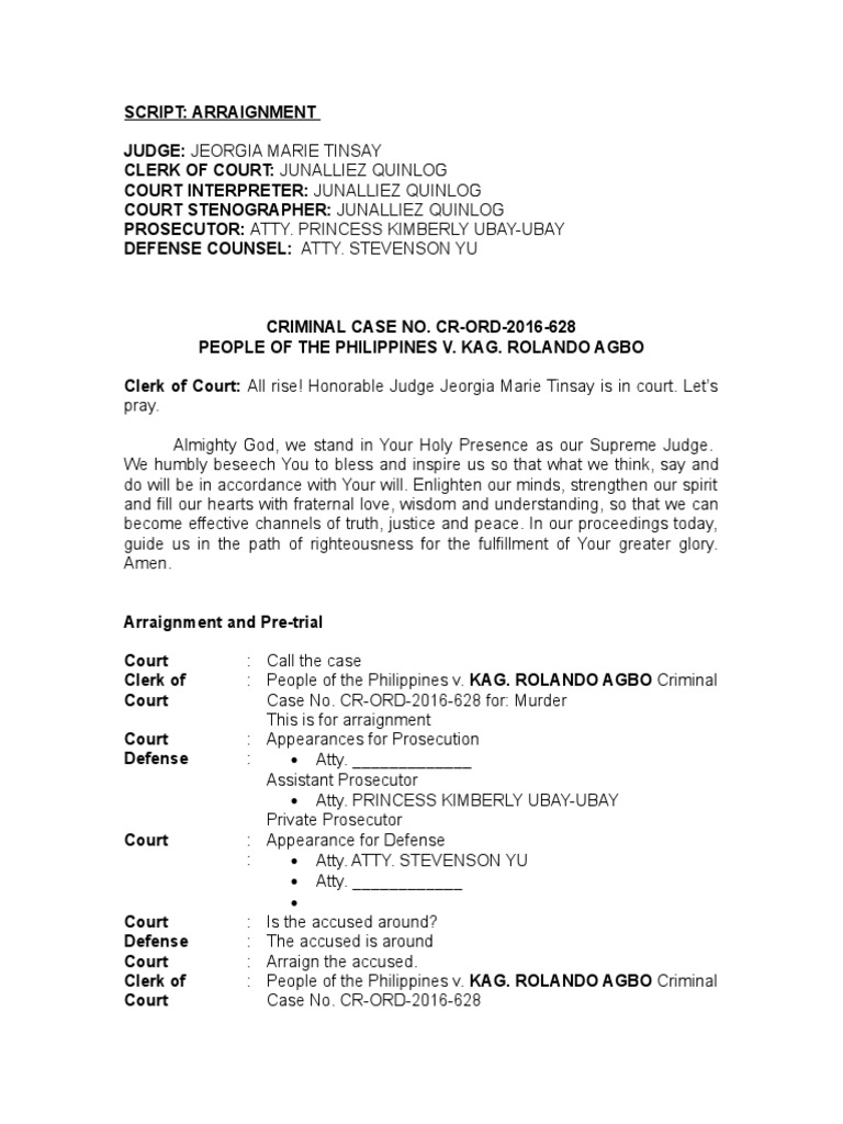 Script Arraignment and Pre-Trial FINAL 1 | PDF | Plea | Arraignment