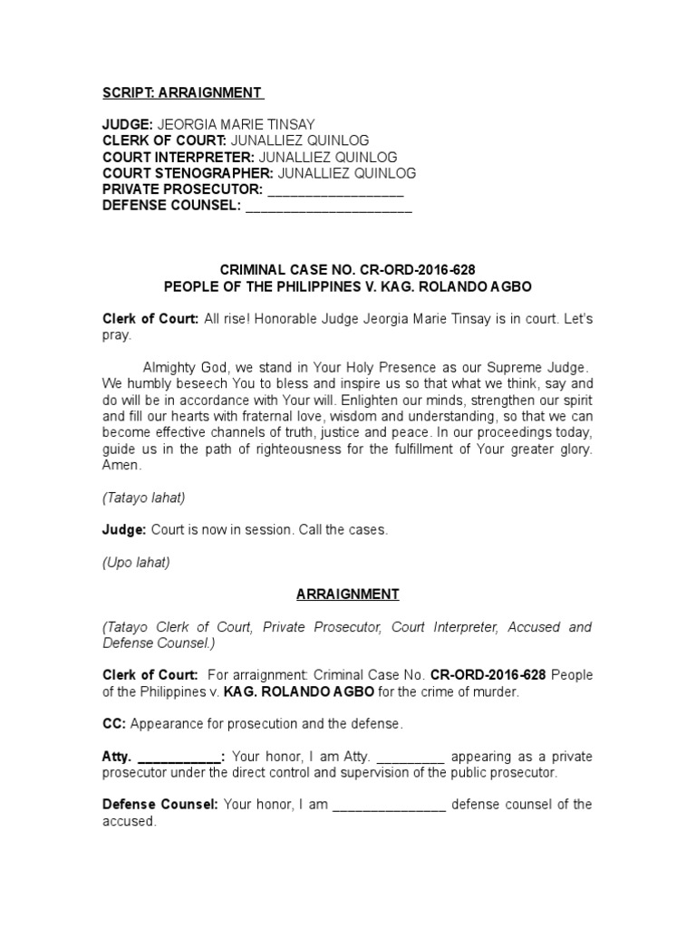 Arraignment and Pre-Trial Script | PDF | Arraignment | Plea