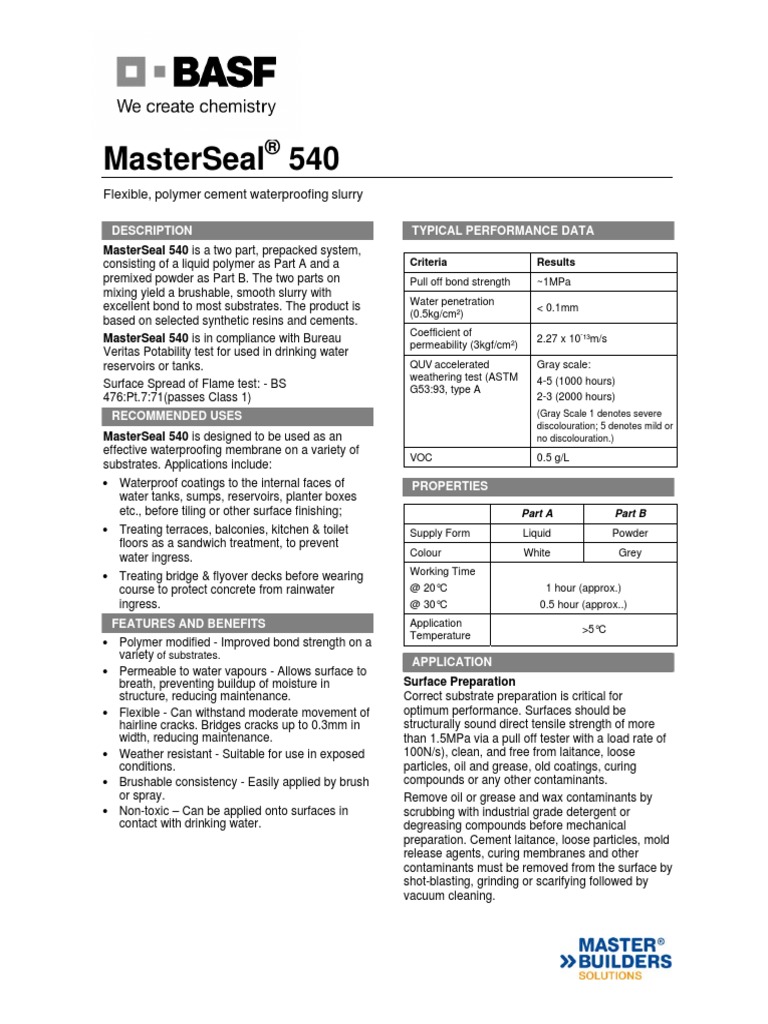 Masterseal 540: Flexible, Polymer Cement Waterproofing Slurry | PDF ...