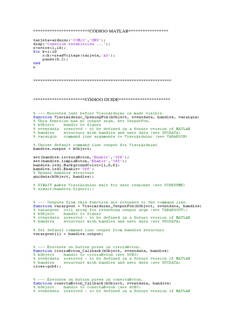 CÓDIGO MATLAB : 'COM13' 'UNO' 'Conexión Establecida ... ' | PDF ...