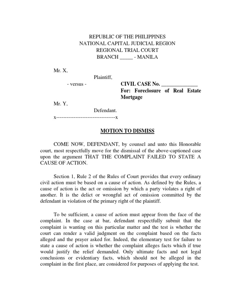 Motion To Dismiss Foreclosure of Real Estate Mortgage Draft | PDF | Complaint | Foreclosure