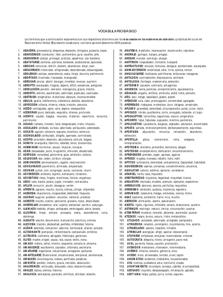 Vocabulario Básico y Sinónimos | PDF