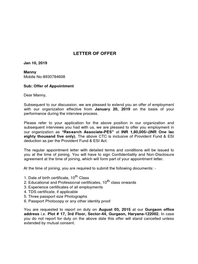 A Promising Opportunity: Offer Letter Extending Employment to Manny as ...