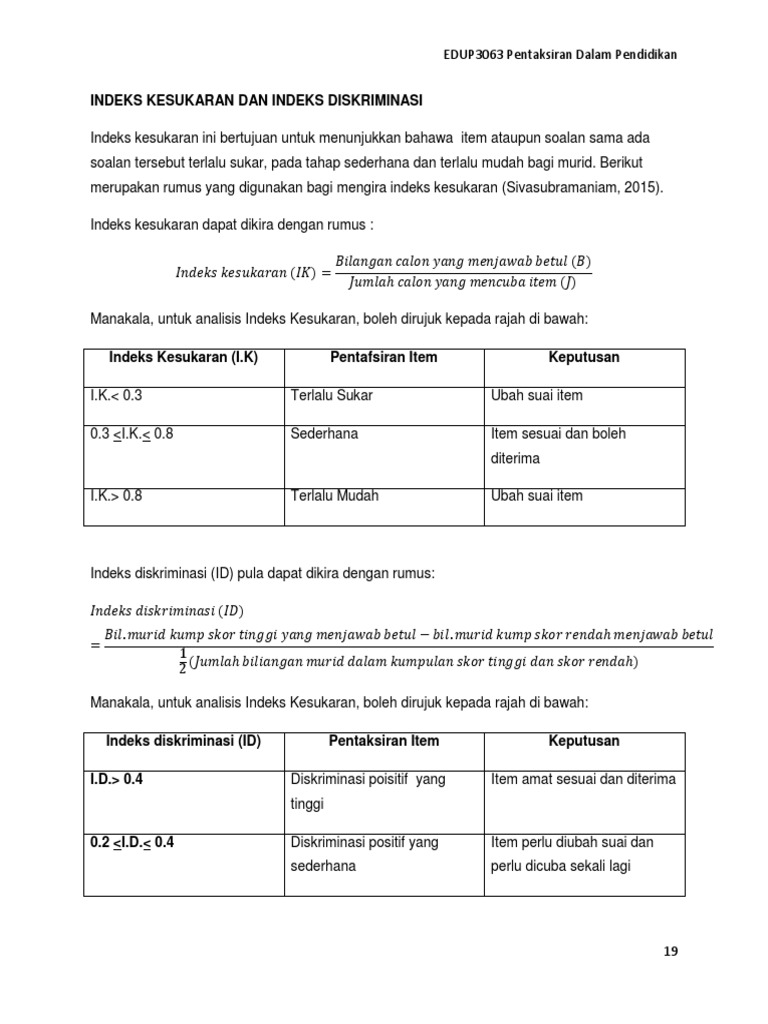 Indeks Kesukaran Dan Indeks Diskriminasi | PDF
