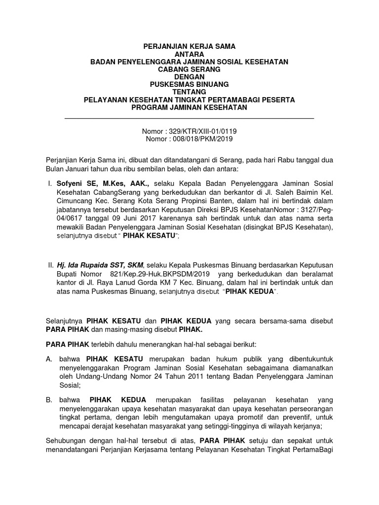 Perjanjian Kerjasama Pks Puskesmas Dan Bpjs Pdf Pengelolaan