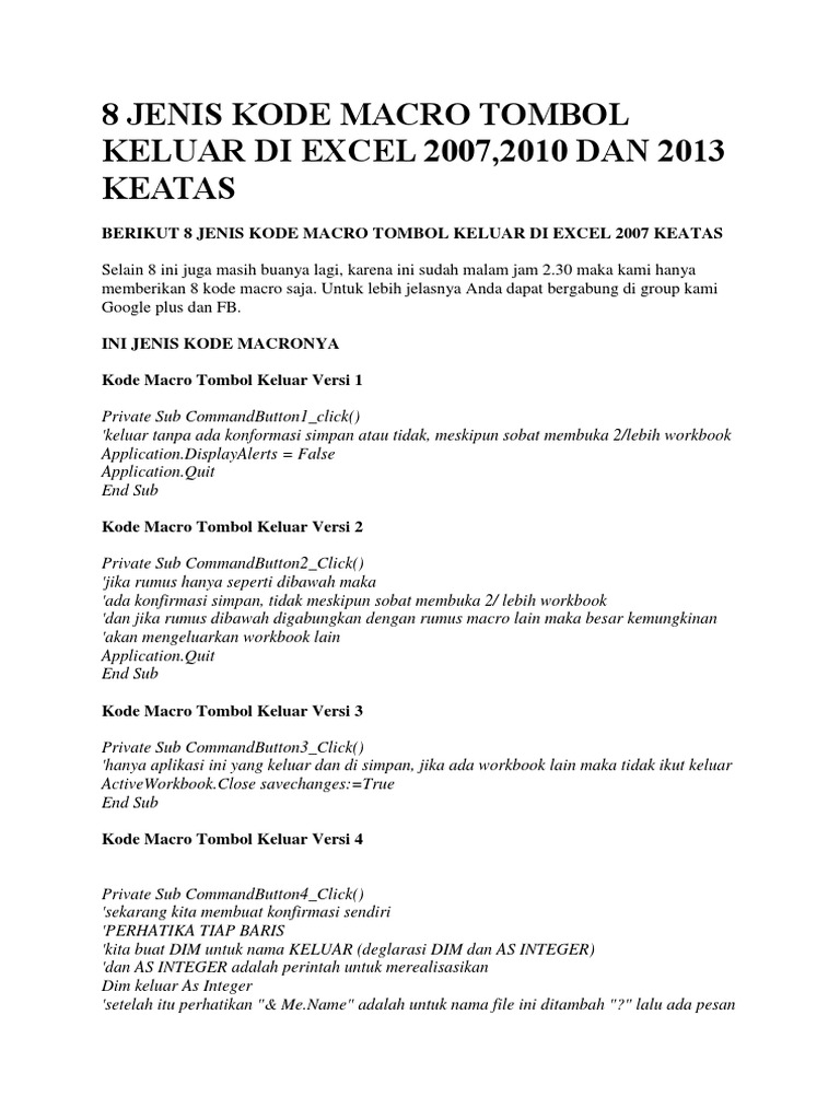 8 Jenis Kode Macro Tombol Keluar Di Excel 2007 | PDF
