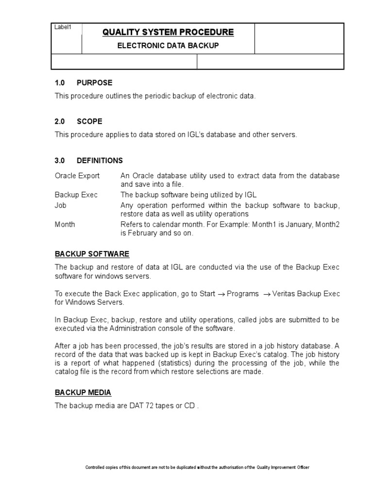 Electronic Data Backup SOP | PDF | Backup | Information Management