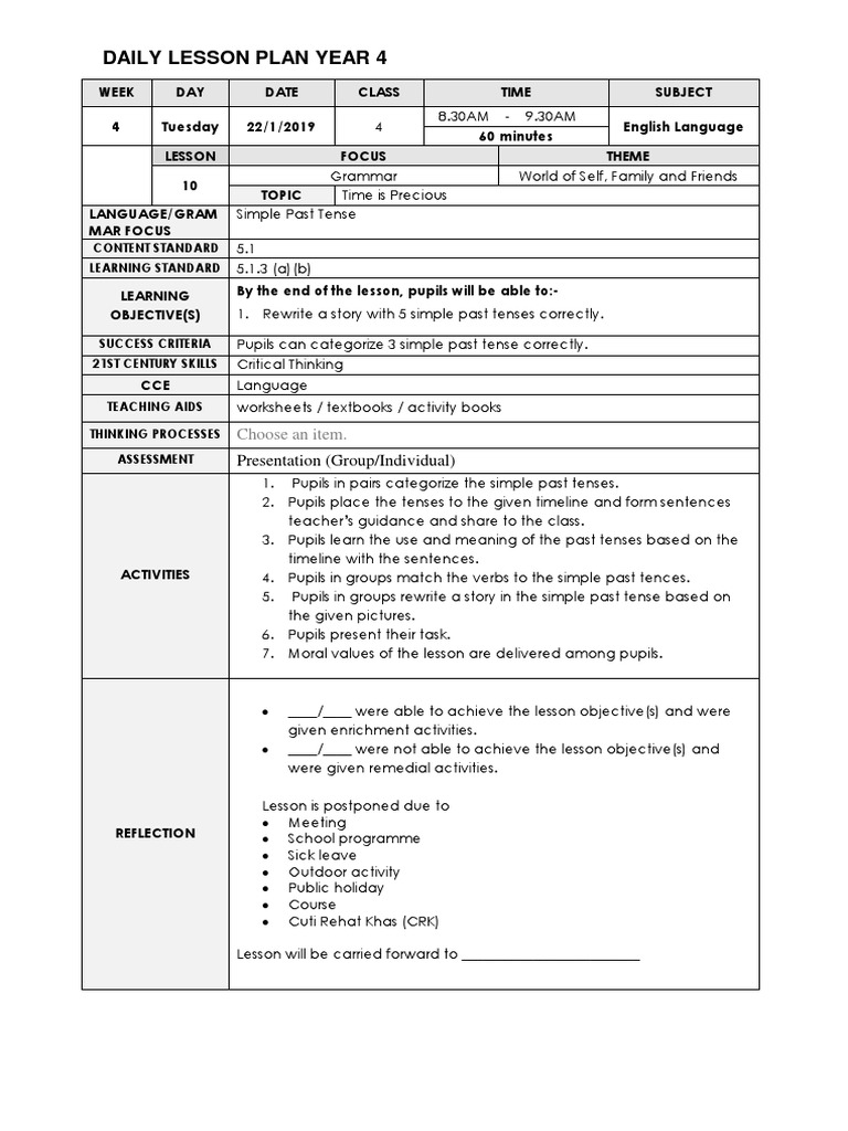 Daily Lesson Plan Year 4: Choose An Item | PDF | Lesson Plan ...
