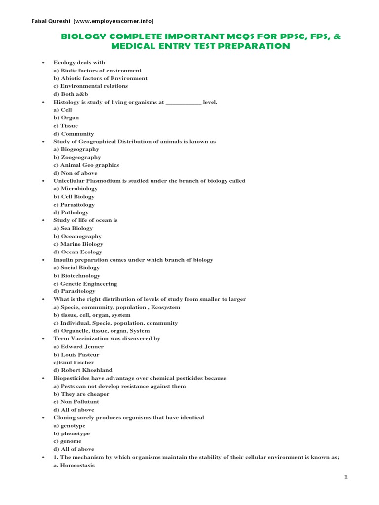 Biology Complete Important Mcqs For Medical Entry Test Preparation ...