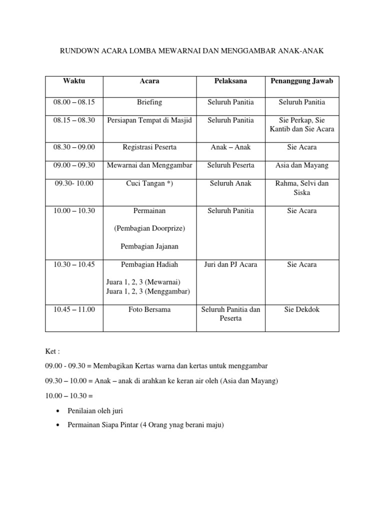 Rundown Acara Lomba Mewarnai Dan Menggambar Anak | PDF