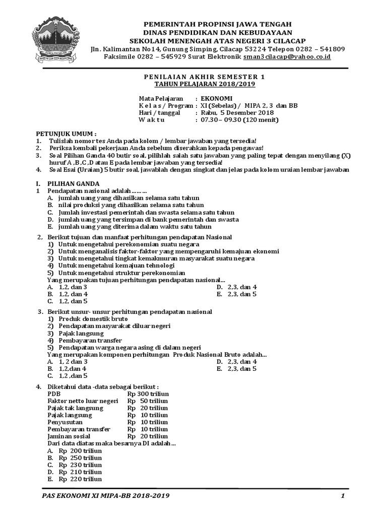 Soal Pas Kelas Xi Eko Mipa BB SMT I 2018 (Bu Arin) | PDF