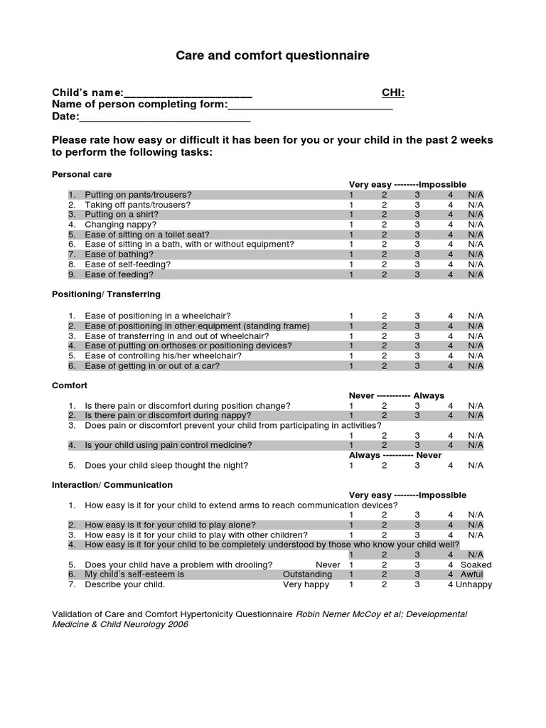 Care and Comfort Questionnaire | PDF | Neuroscience | Psychology
