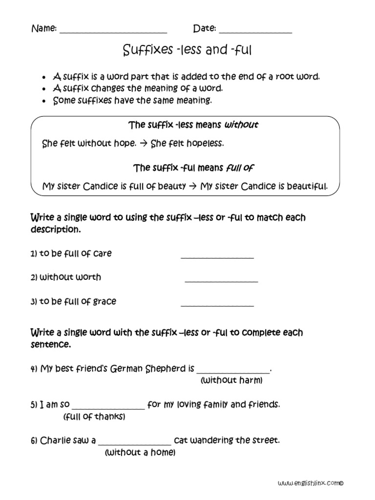 Suffixes Less Ful Worksheet | PDF | Morphology | Onomastics