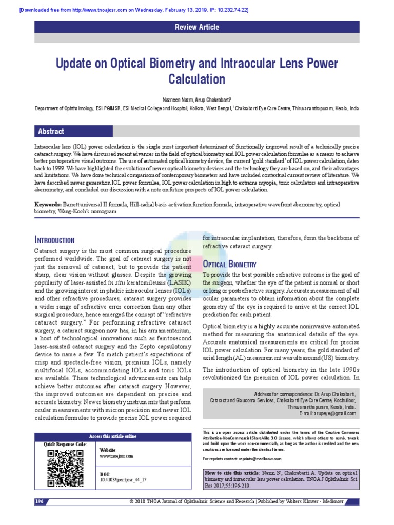 Update On Optical Biometry and Intraocular Lens Power Calculation | PDF ...