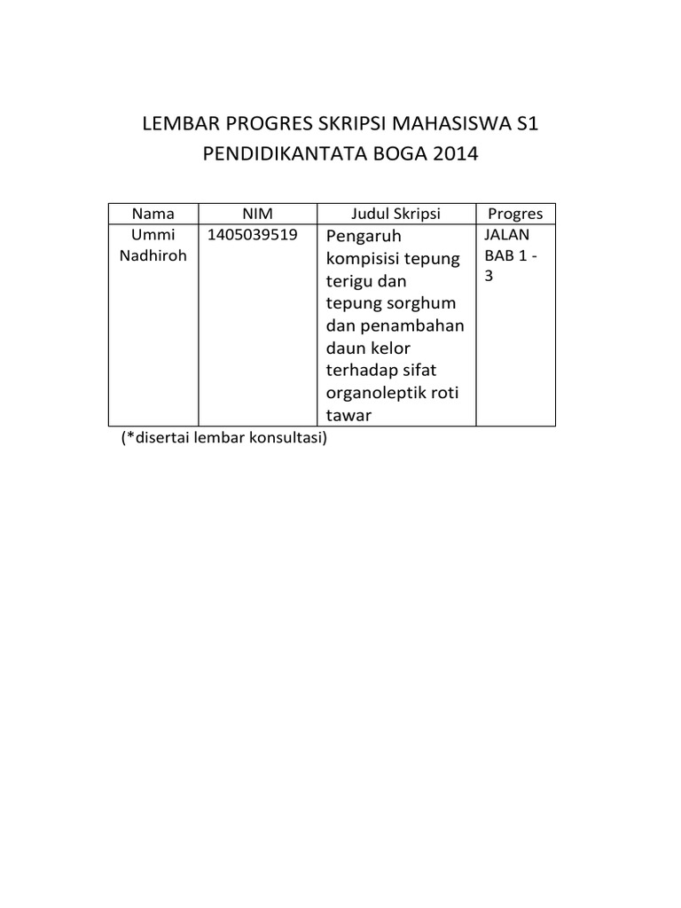 Lembar Progres Skripsi Mahasiswa s1 Pendidikantata Boga 2014 | PDF
