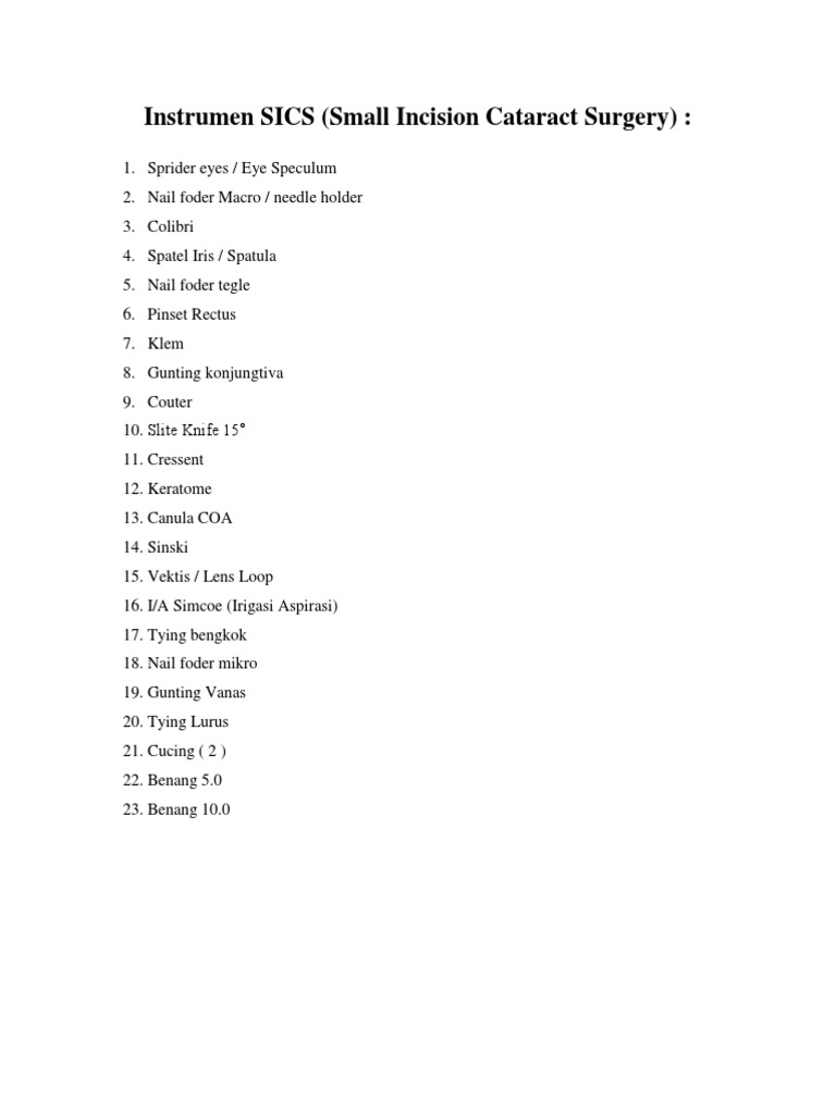 Instrumen SICS (Small Incision Cataract Surgery) | PDF