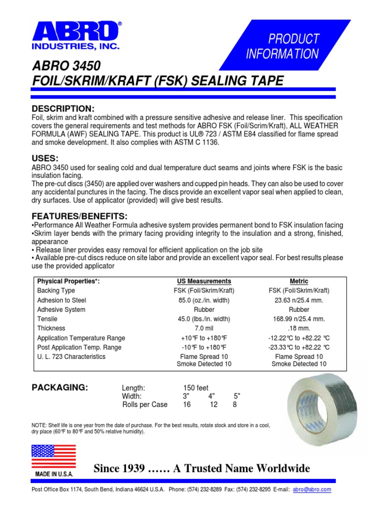 ABRO 3450 Foil/Skrim/Kraft (FSK) Sealing Tape: Product Information ...