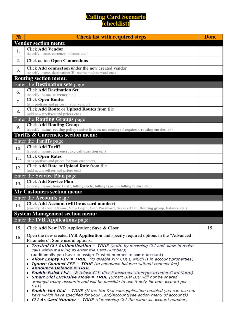 Calling Card Scenario (Checklist) : Check List With Required Steps Done ...