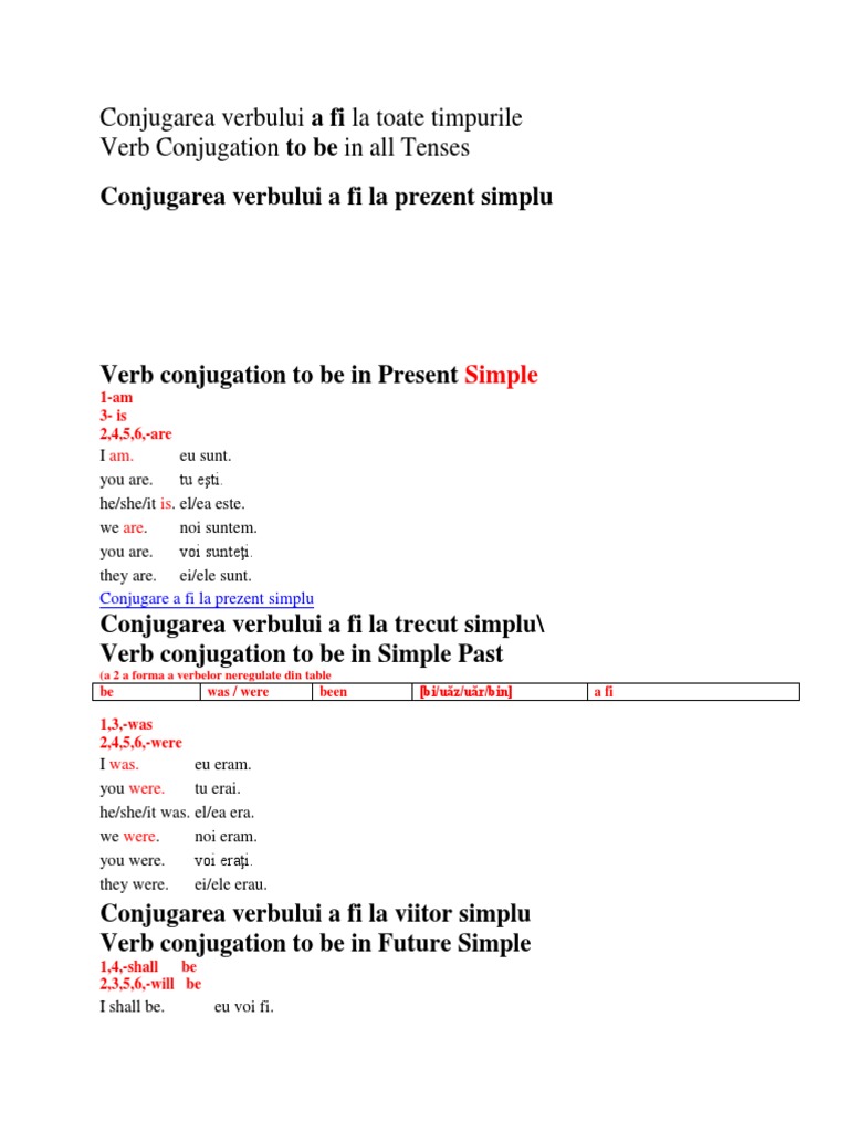 Conjugarea Verbului A Fi La Toate Timpurile | PDF | Grammatical Conjugation | Linguistics