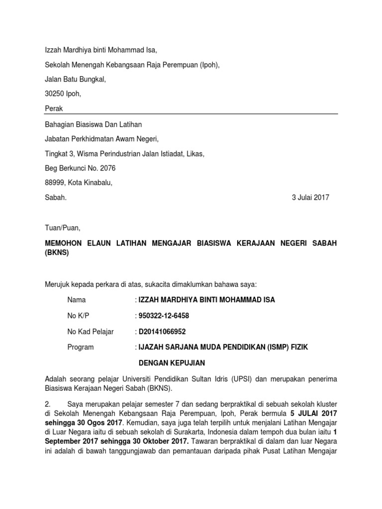Contoh Surat Permohonan Elaun Bkns | PDF