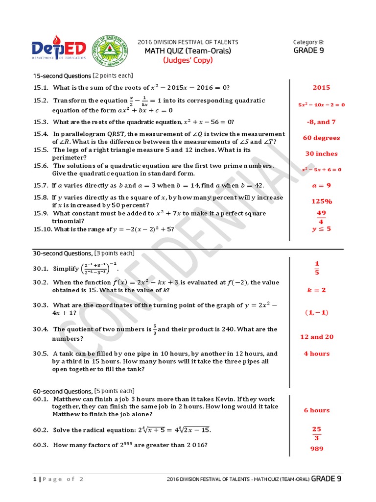 Grade 9 Math Quiz Questions 2016 | PDF | Area | Quadratic Equation