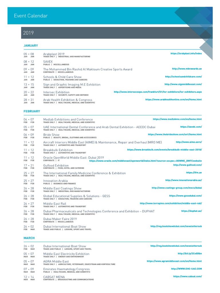 2019 DWTC Event Calendar English | PDF | Dubai | United Arab Emirates