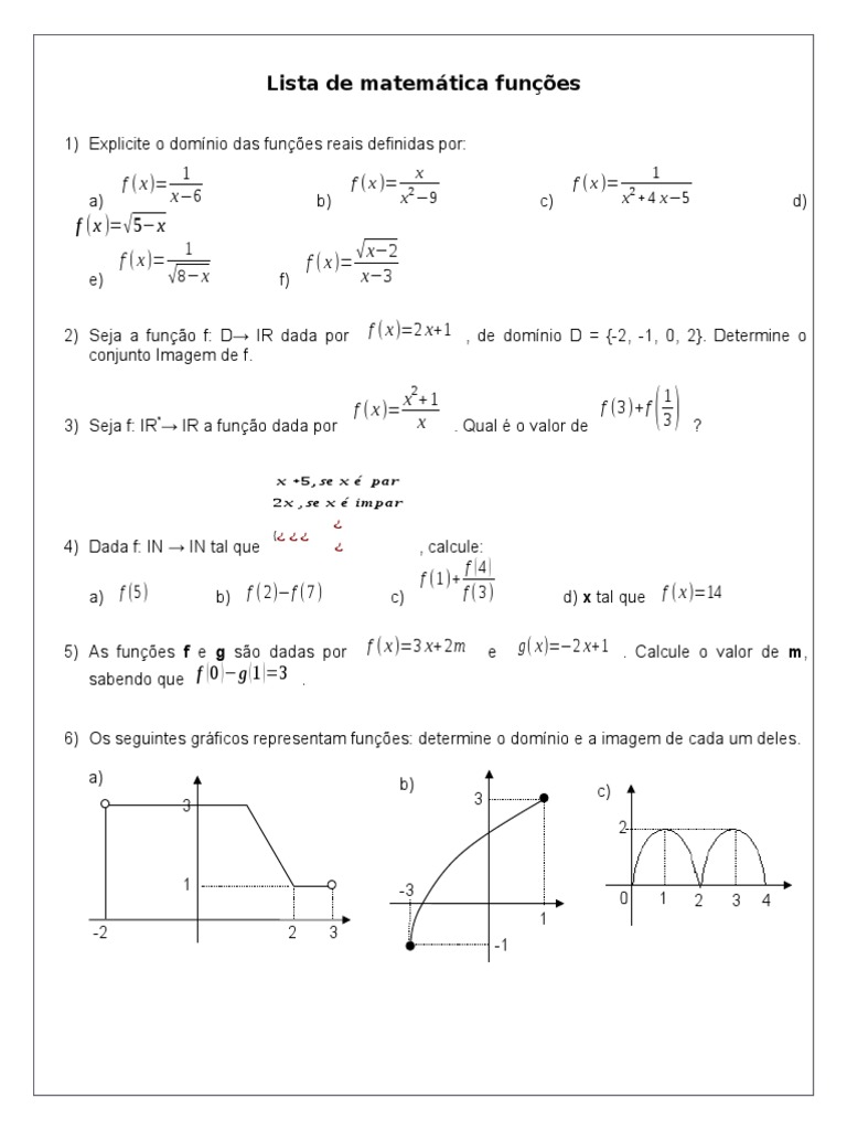 Lista de Matemática Funções | PDF | Função (Matemática) | Análise