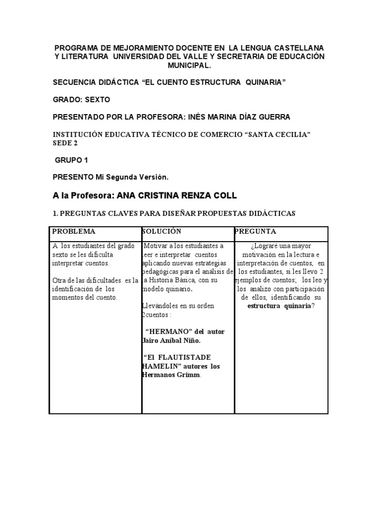 Secuencia Didáctica del Cuento Quinario | PDF | Cuentos | Maestros