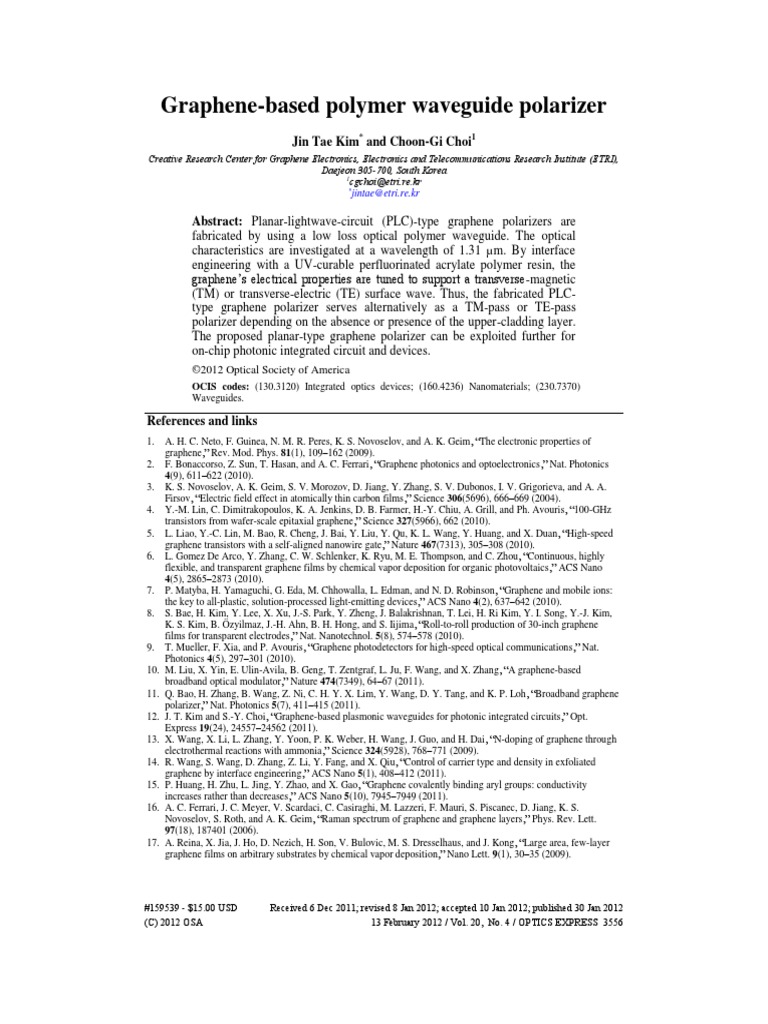 Graphene-Based Polymer Waveguide Polarizer: Jin Tae Kim and Choon-Gi Choi | PDF | Graphene ...