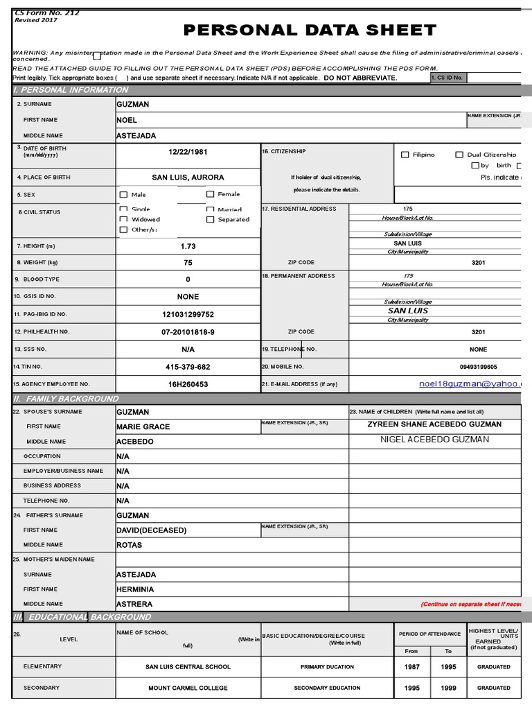 Personal Data Sheet | PDF | Government | Social Institutions