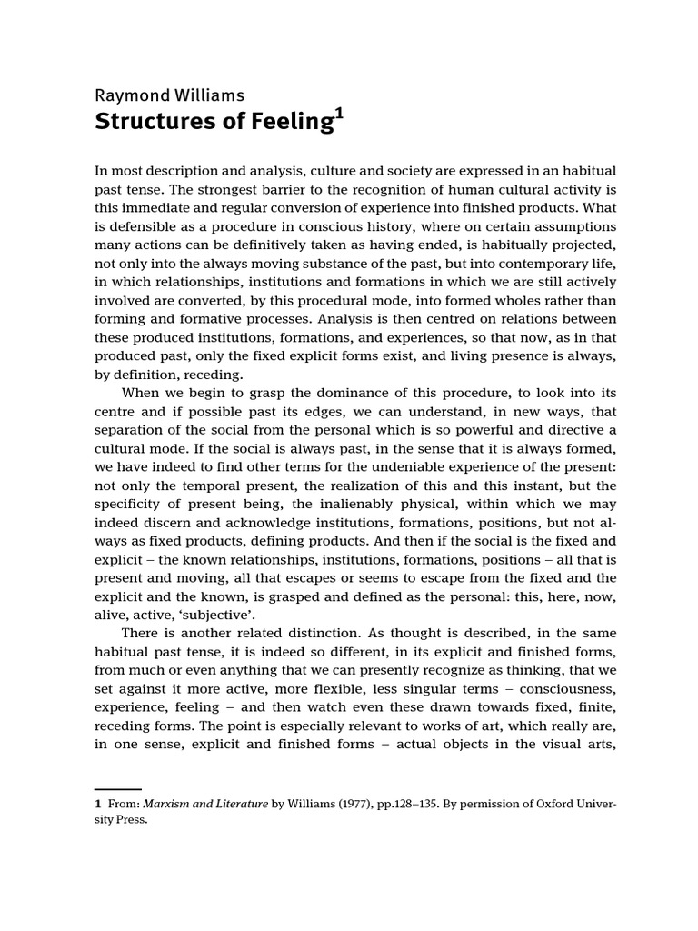 Structures of Feeling --- Raymond Williams | Consciousness | Ideologies