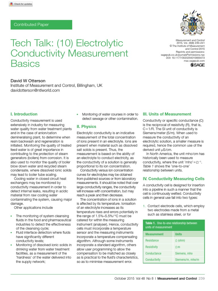 Tech Talk: (10) Electrolytic Conductivity Measurement Basics | PDF ...