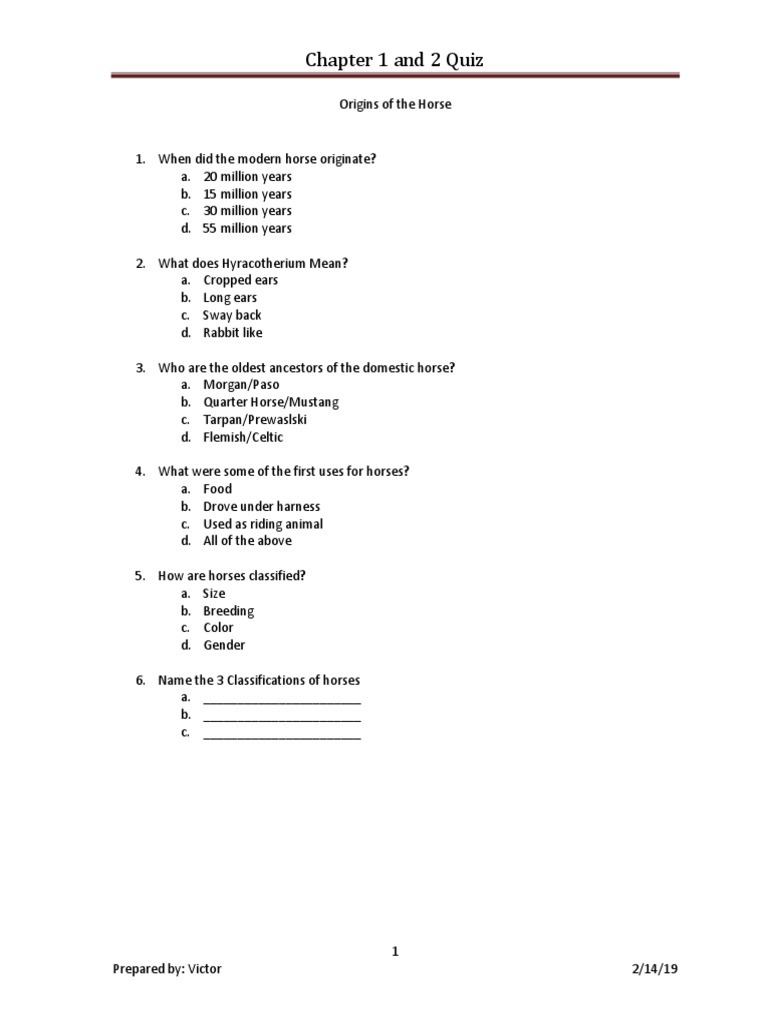 Chapter 1 and 2 Quiz | PDF | Thoroughbred | Horses