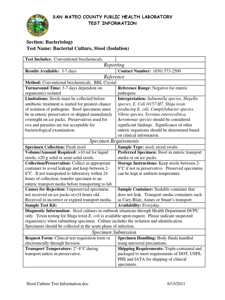 Stool Culture Test Information PDF | PDF | Human Feces | Escherichia Coli