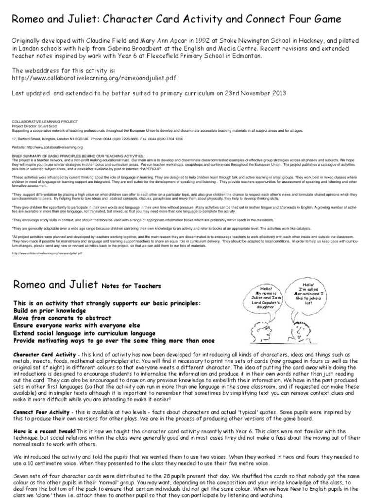 Romeo and Juliet: Character Card Activity and Connect Four Game ...