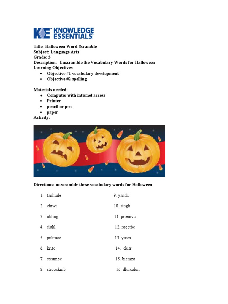 Activity Sheet - Grade 3 - Halloween Word Scramble | PDF