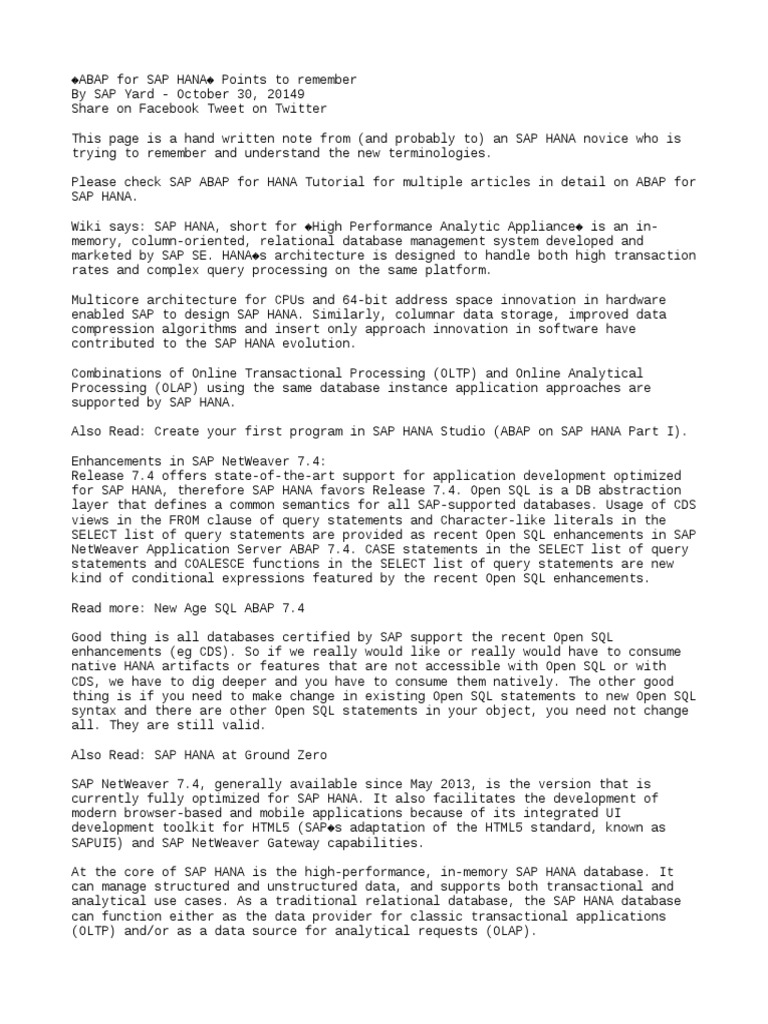 Abap On Hana | PDF | Database Index | Databases