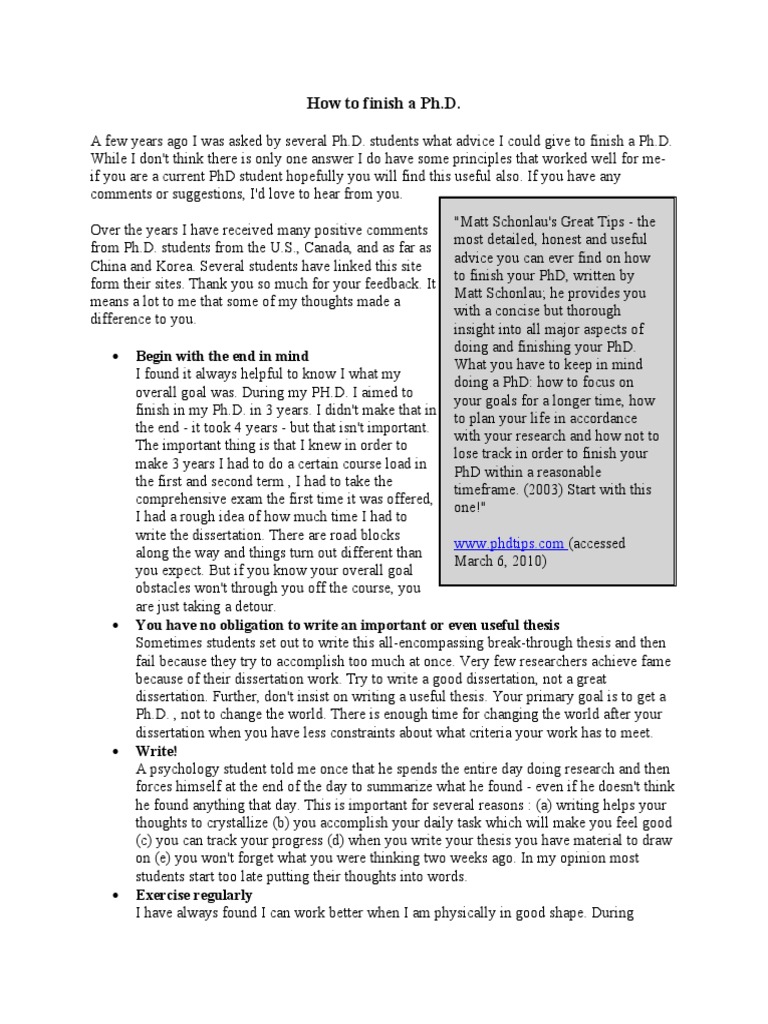 How To Finish A PH.D | PDF | Thesis | Doctor Of Philosophy